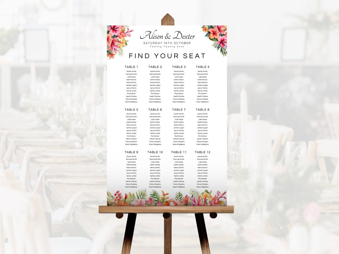 Tropical Wedding Seating Chart Template, Printable Bright Tropical ...