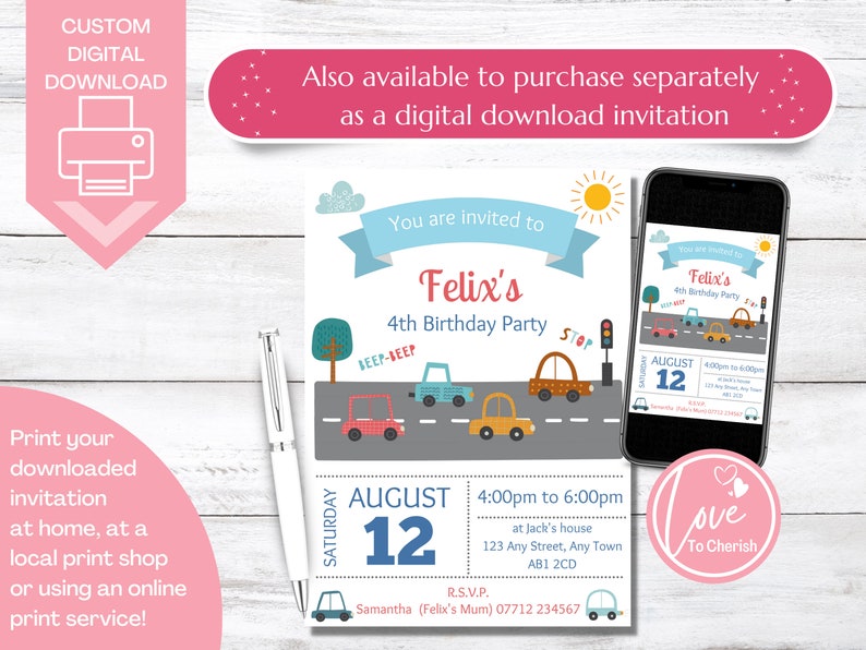 Vehicle Party Invitation, Personalised Traffic Cars Party Invite ...
