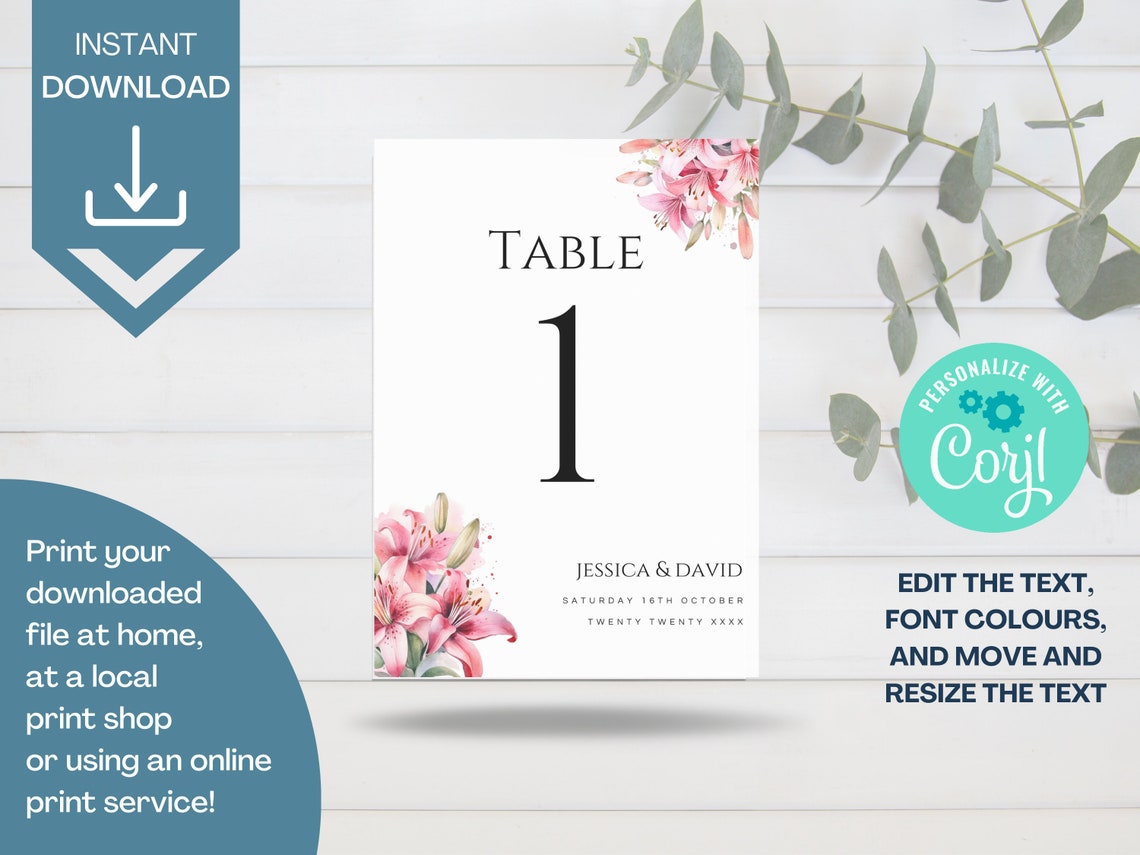 Pink Lily Wedding Table Number Template, Printable Pink Lilies Wedding ...