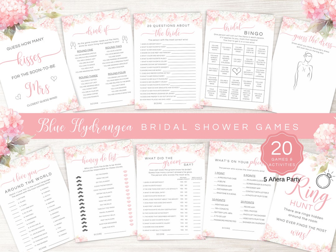 Pink Hydrangea Bridal Shower Game Bundle, Editable Dusty Floral Games ...