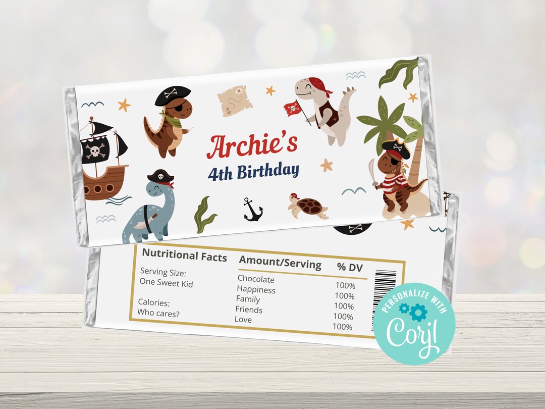 Pirate Dinosaurs Candy Bar Wrapper, Editable Dino Pirates Birthday ...
