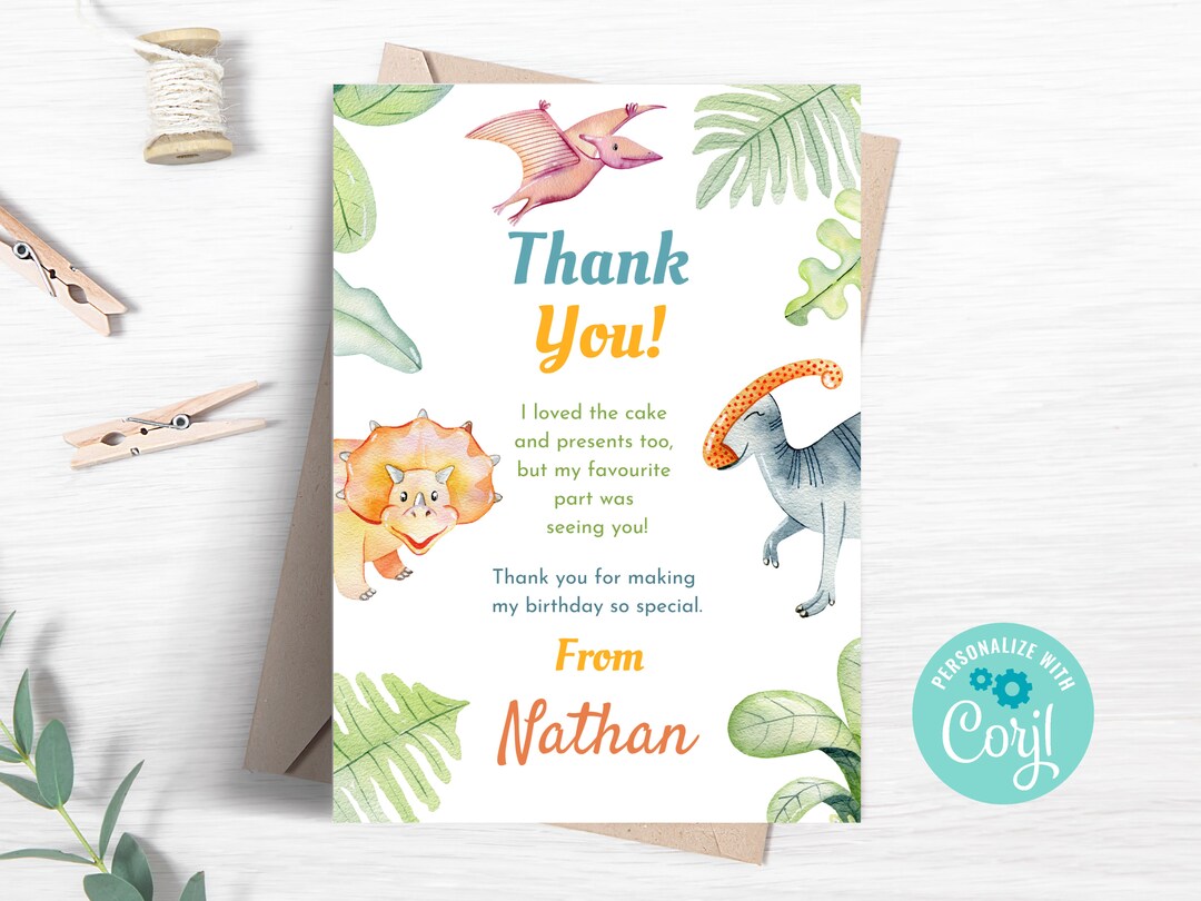 Dinosaur Birthday Thank You Card, Dinosaur Party Thanks, Dinosaur ...