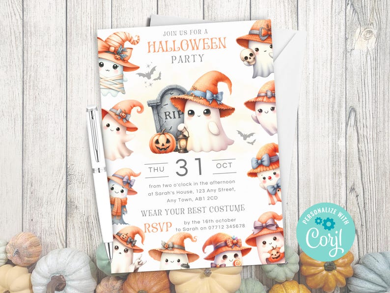 Editable Ghosts Halloween 6th Birthday Party Invitation, Cute Costume ...