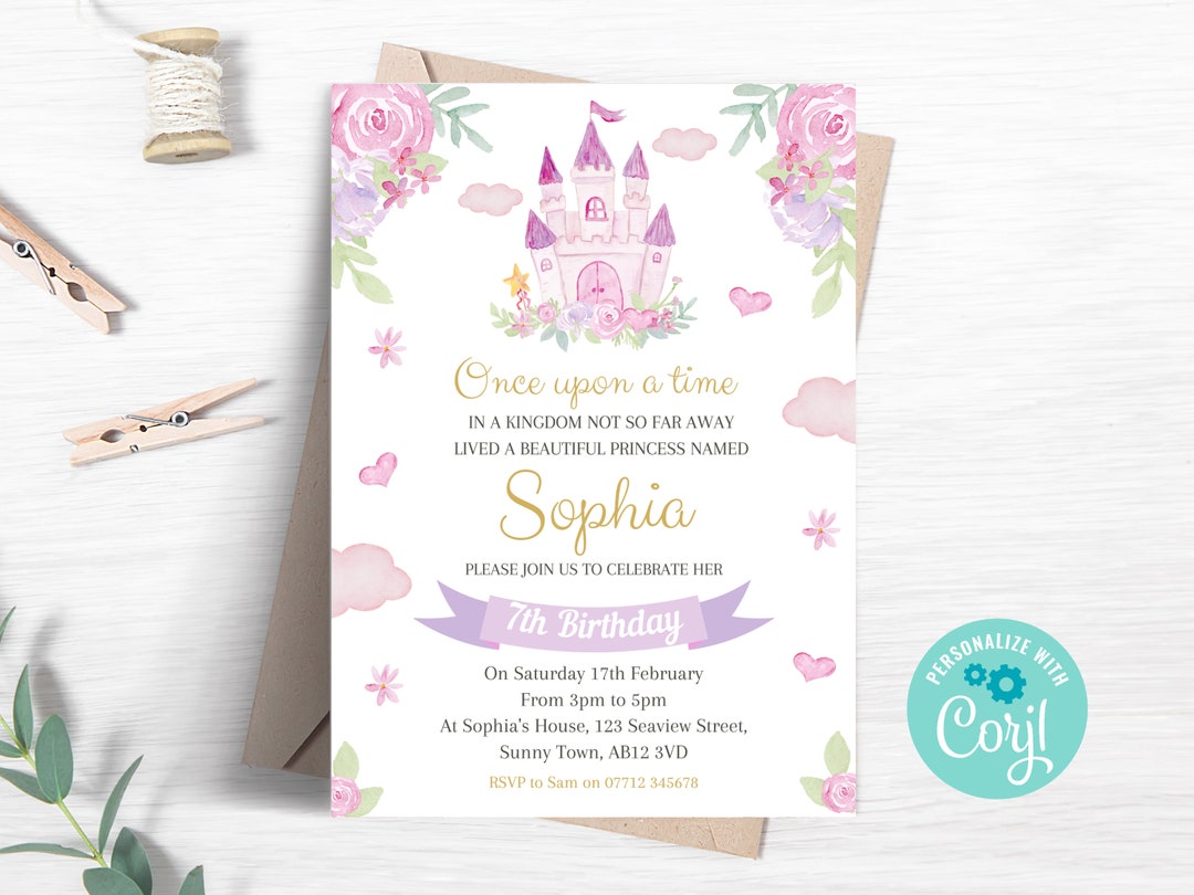 Princess 7th Birthday Invitation, Editable Lilac Princess Party Invite ...