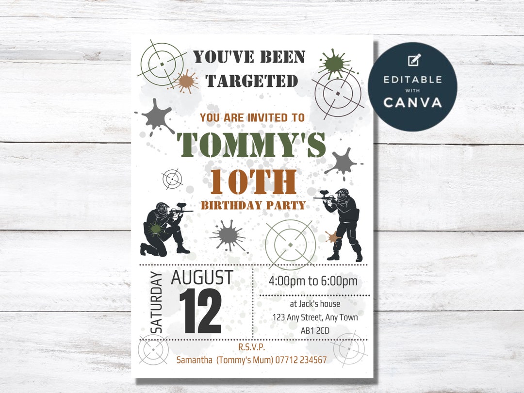 Paintball Editable Party Invitation, Paintballing Printable Party ...