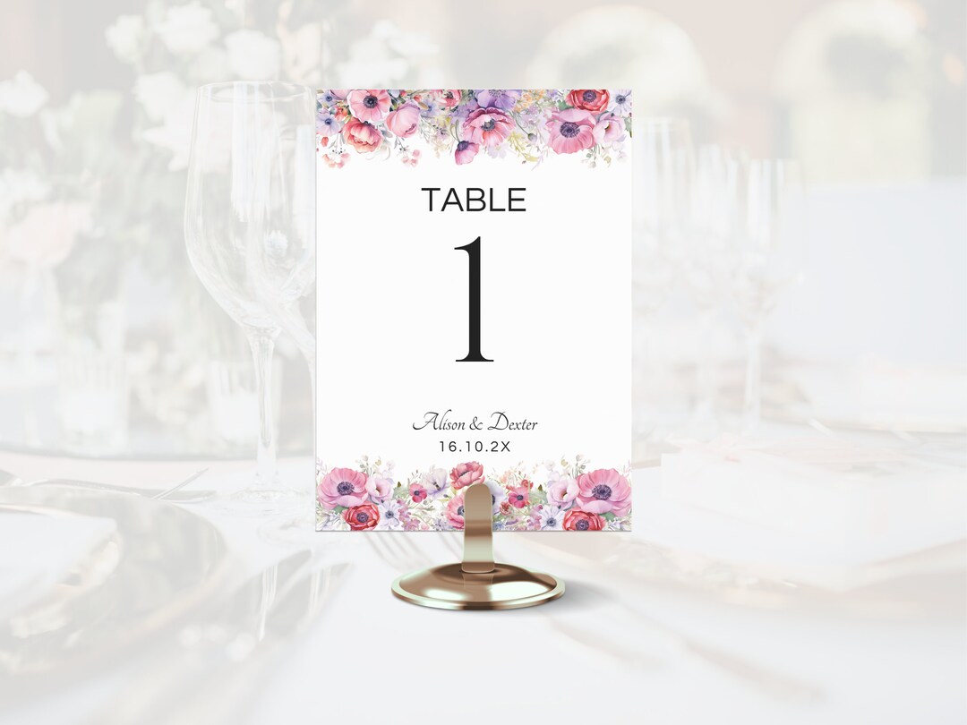 Pink Poppies Wedding Welcome Table Number Template, Printable Purple ...