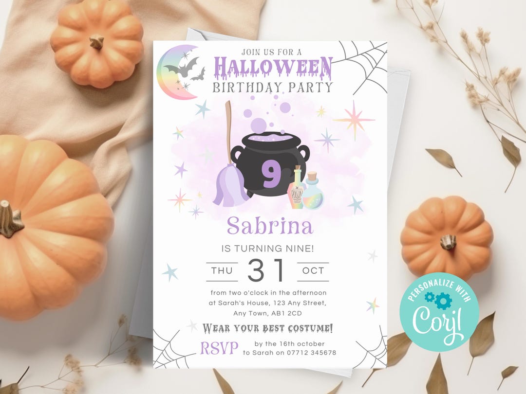 Editable Purple Halloween 9th Birthday Party Invitation, Costume Party ...