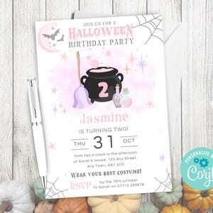 Editable Pink Halloween 2nd Birthday Party Invitation, Costume Party ...