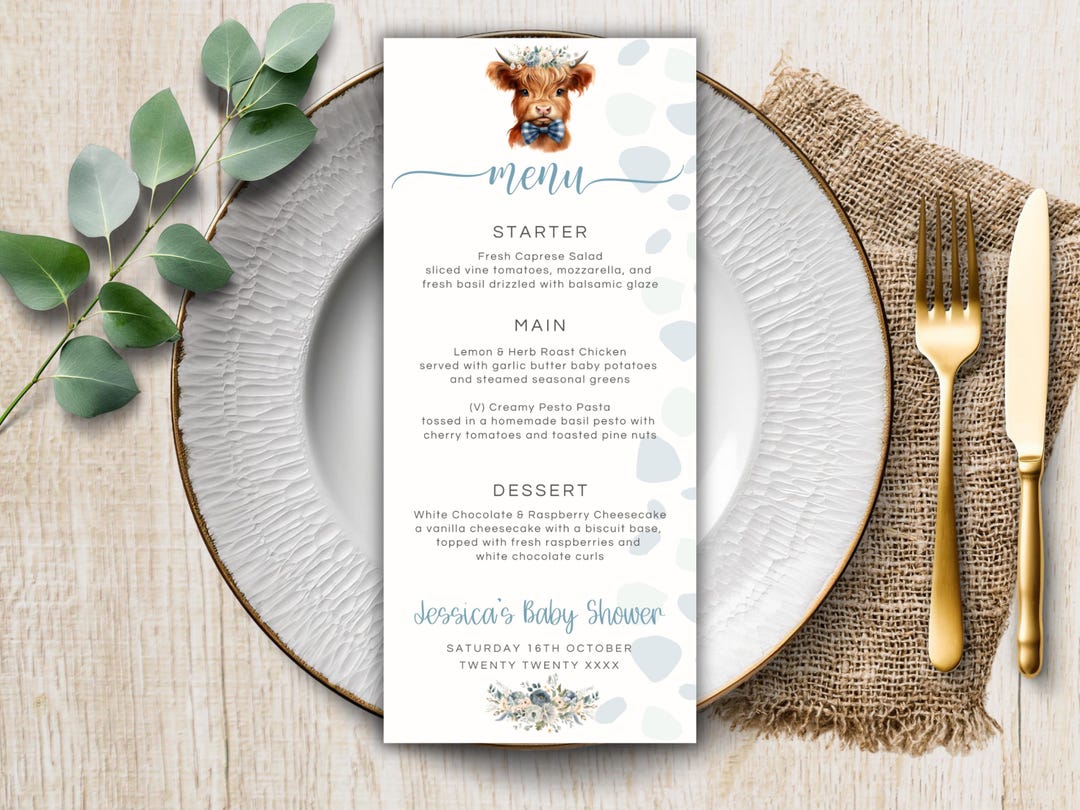 Holy Cow Menu Template, Printable Blue Highland Cow Dinner Menu for ...