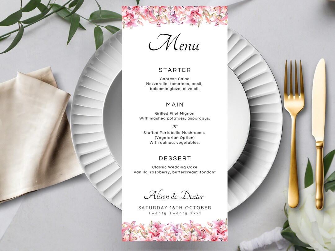 Pink Lily Wedding Menu Template, Printable Pink Lilies Wedding Dinner ...
