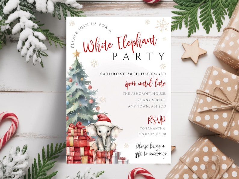 White Elephant Christmas Party Invitation, Editable Holiday Gift ...