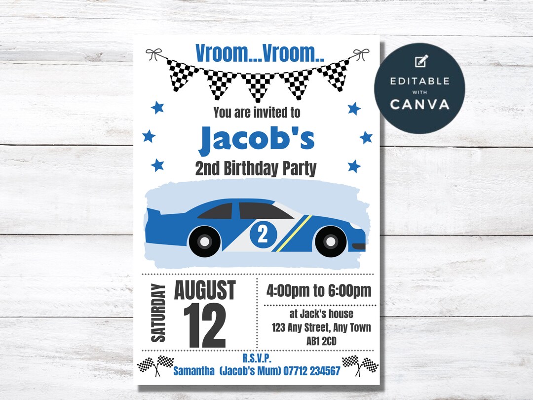 Racing Car Birthday Invitation, Blue Race Car Party Invite, Editable ...