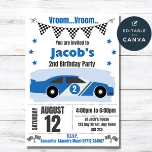Racing Car Birthday Invitation, Blue Race Car Party Invite, Editable ...