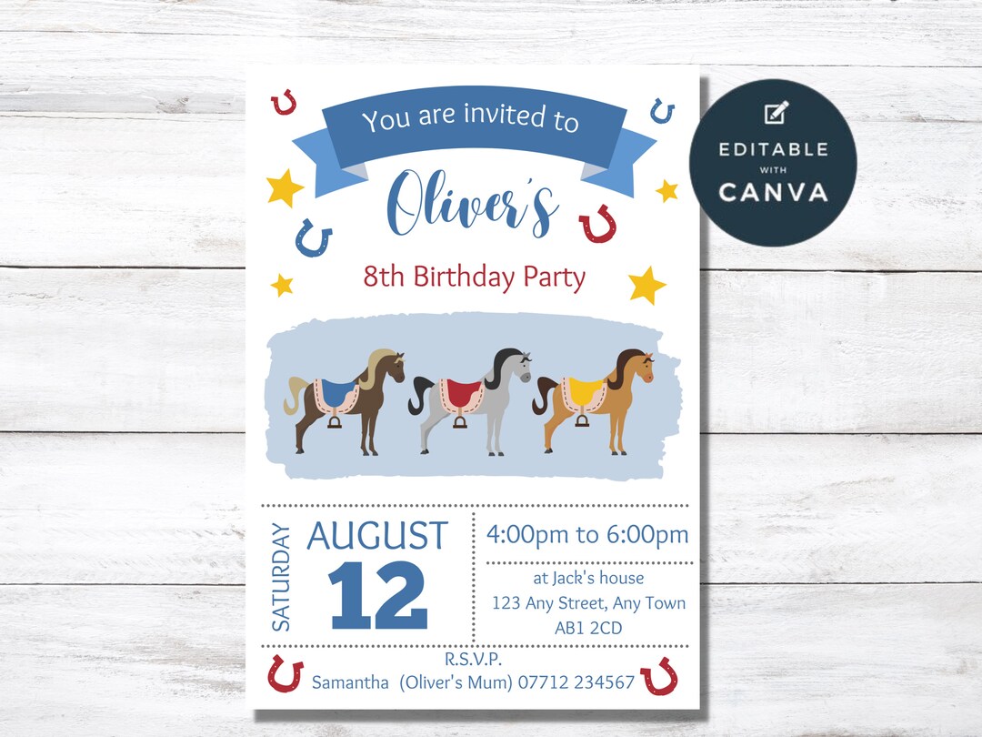 Horse Birthday Party Invitation for Boys, Horse Riding Party Editable ...