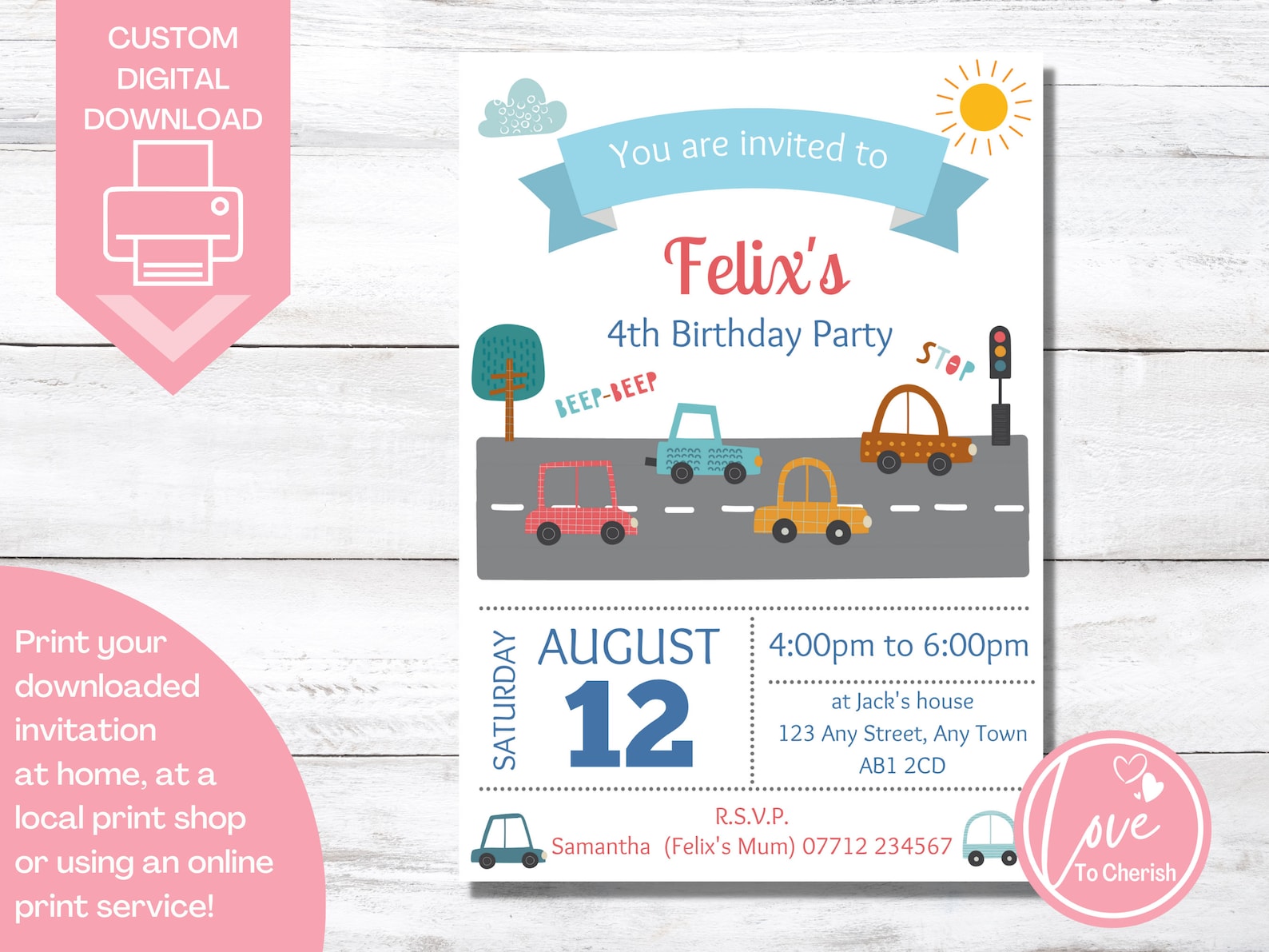 Vehicle Party Invitation, Personalised Printable Traffic Cars Invite ...