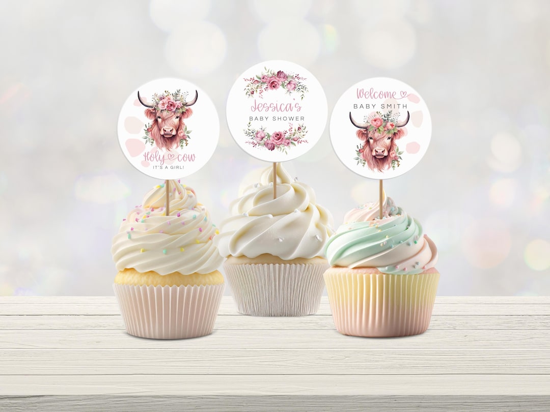 Highland Cow Cupcake Toppers, Girl's Holy Cow Baby Shower Table Decor ...