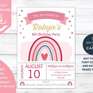Rainbow Birthday Invitation for Girls, Boho Rainbow Party Editable Invite, Rainbow Theme Party ...
