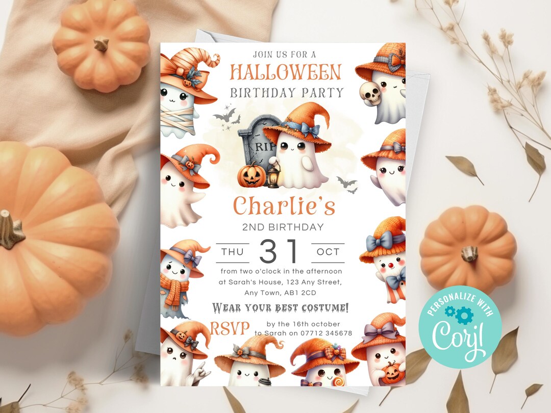 Editable Ghosts Halloween 2nd Birthday Party Invitation, Cute Costume ...