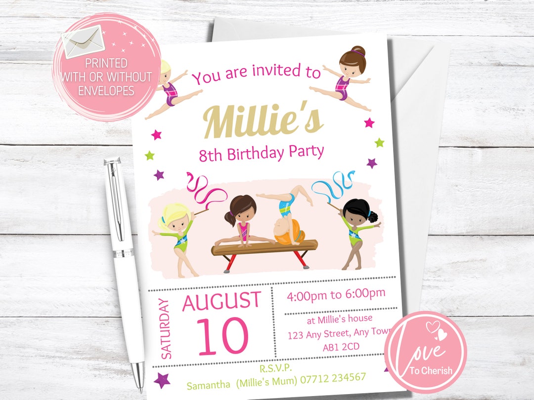 Personalised Gymnastics Girls Party Invitations, Gymnastic Birthday ...