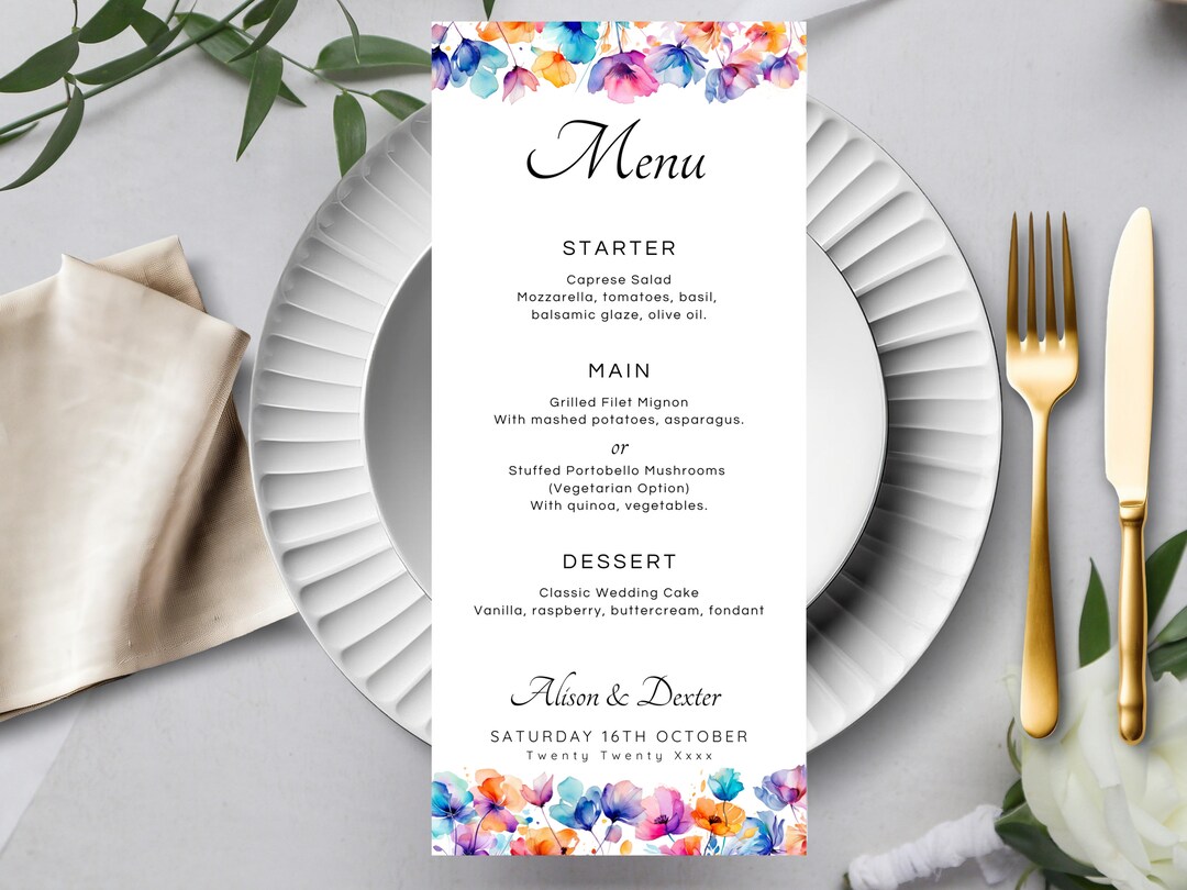 Bright Floral Wedding Menu Template, Printable Colourful Flower Dinner ...