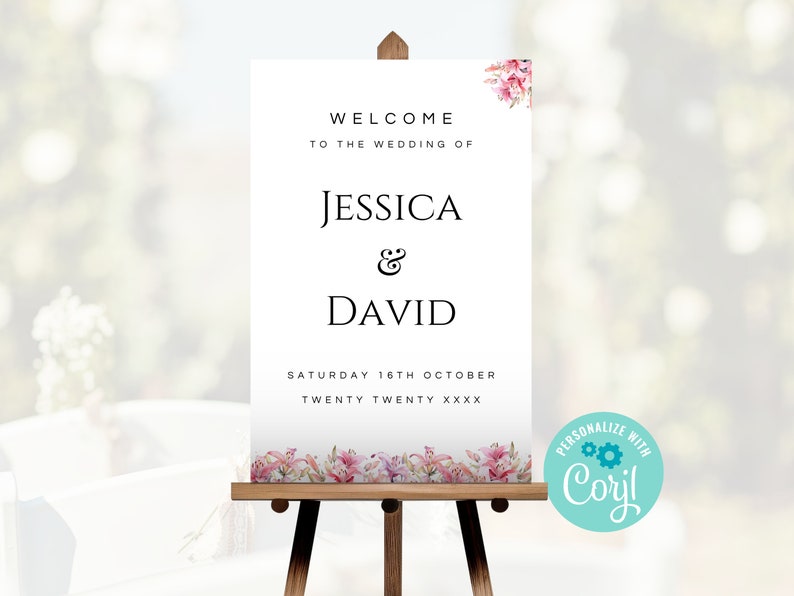 Pink Lily Wedding Welcome Sign Template, Printable Pink Lilies Wedding ...
