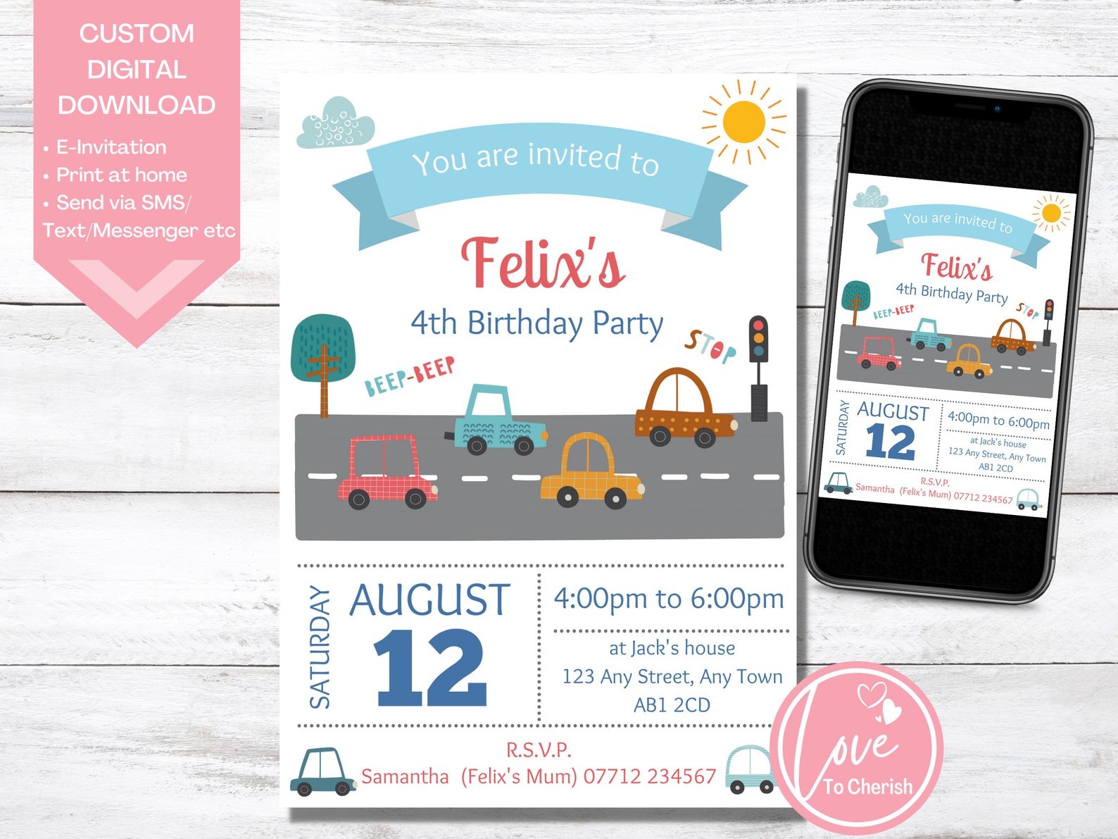Vehicle Party Invitation, Personalised Printable Traffic Cars Invite ...