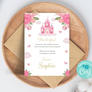 Princess Birthday Thank You Note, Editable Pink Princess Party Thanks ...