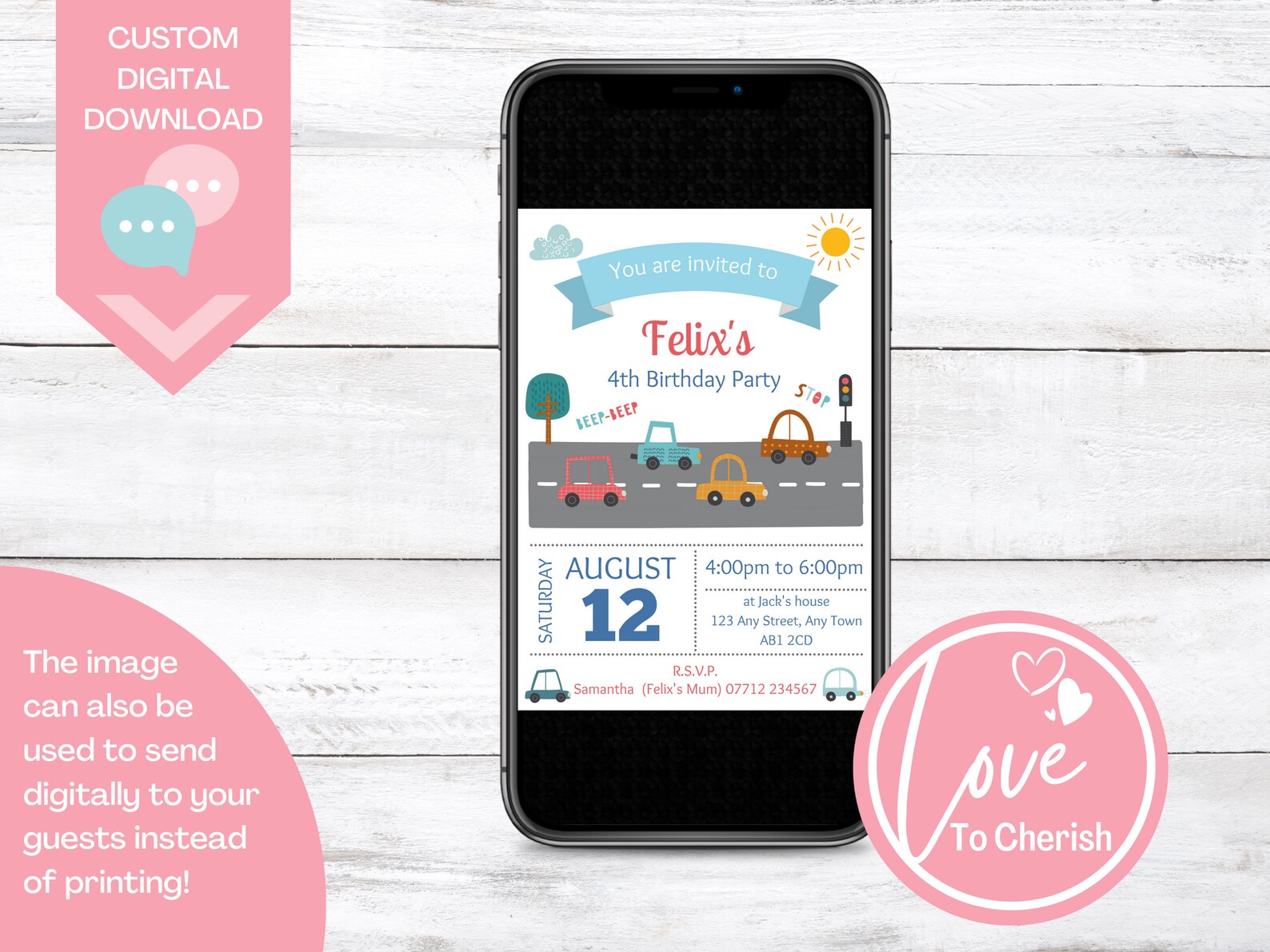 Vehicle Party Invitation, Personalised Printable Traffic Cars Invite ...