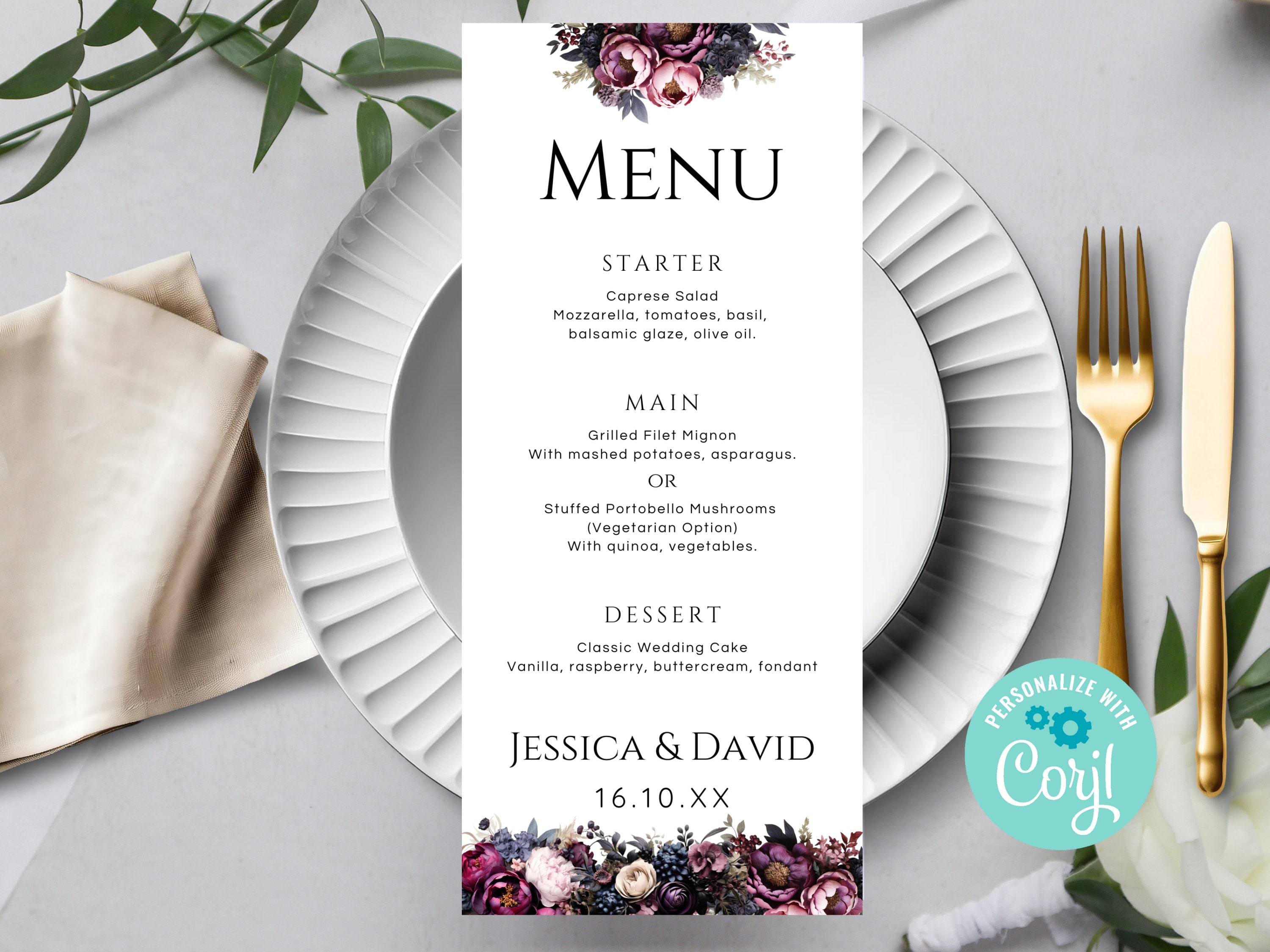 Moody Floral Wedding Menu Template, Printable Dark Flowers Dinner Menu ...