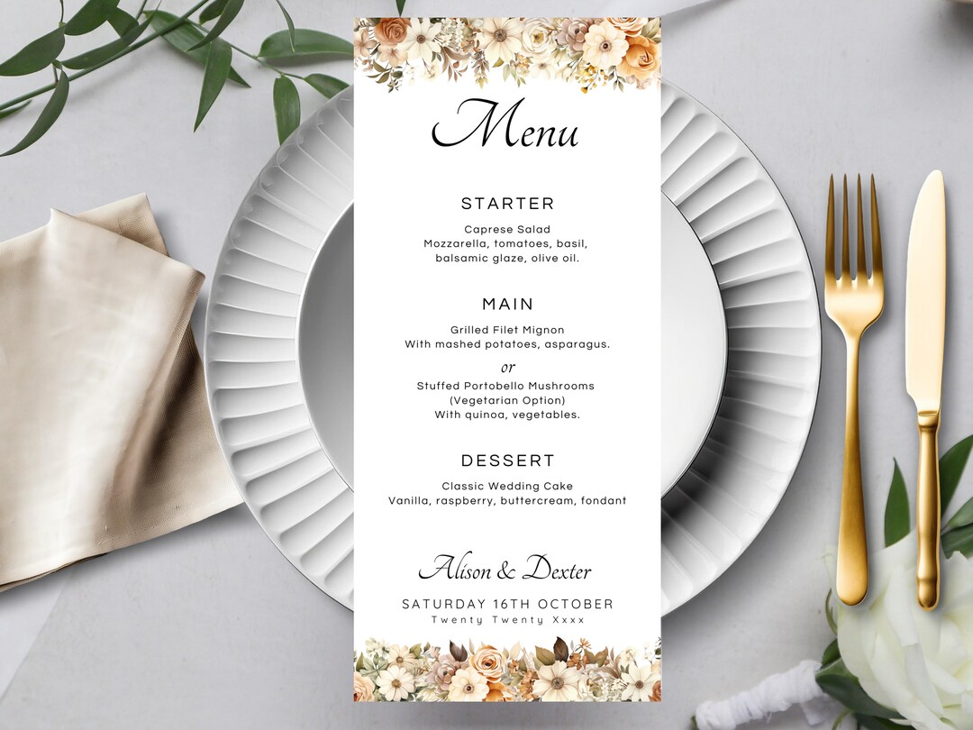 Rustic Wedding Menu Template, Printable Brown & Cream Floral Wedding ...