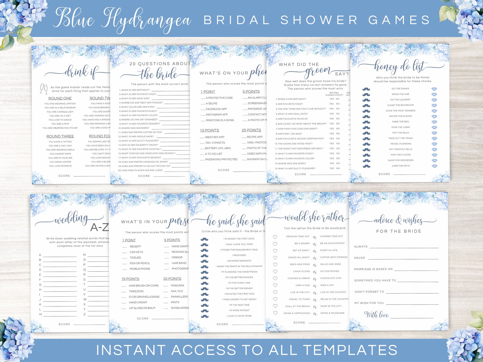Hydrangea Bridal Shower Game Bundle, Editable Dusty Blue Floral Games ...