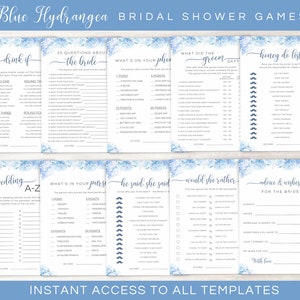 Hydrangea Bridal Shower Game Bundle, Editable Dusty Blue Floral Games ...
