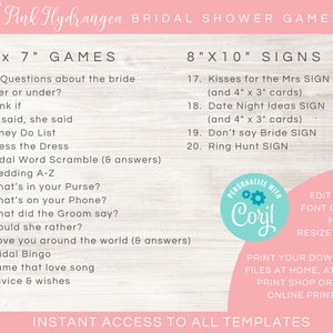 Pink Hydrangea Bridal Shower Game Bundle, Editable Dusty Floral Games ...