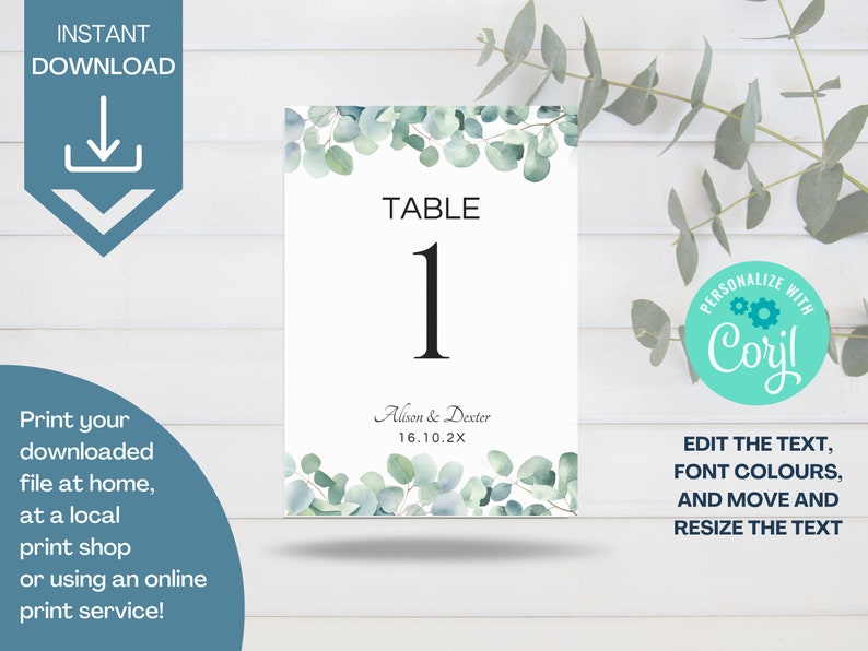 Eucalyptus Wedding Table Number Template, Printable Greenery Wedding ...