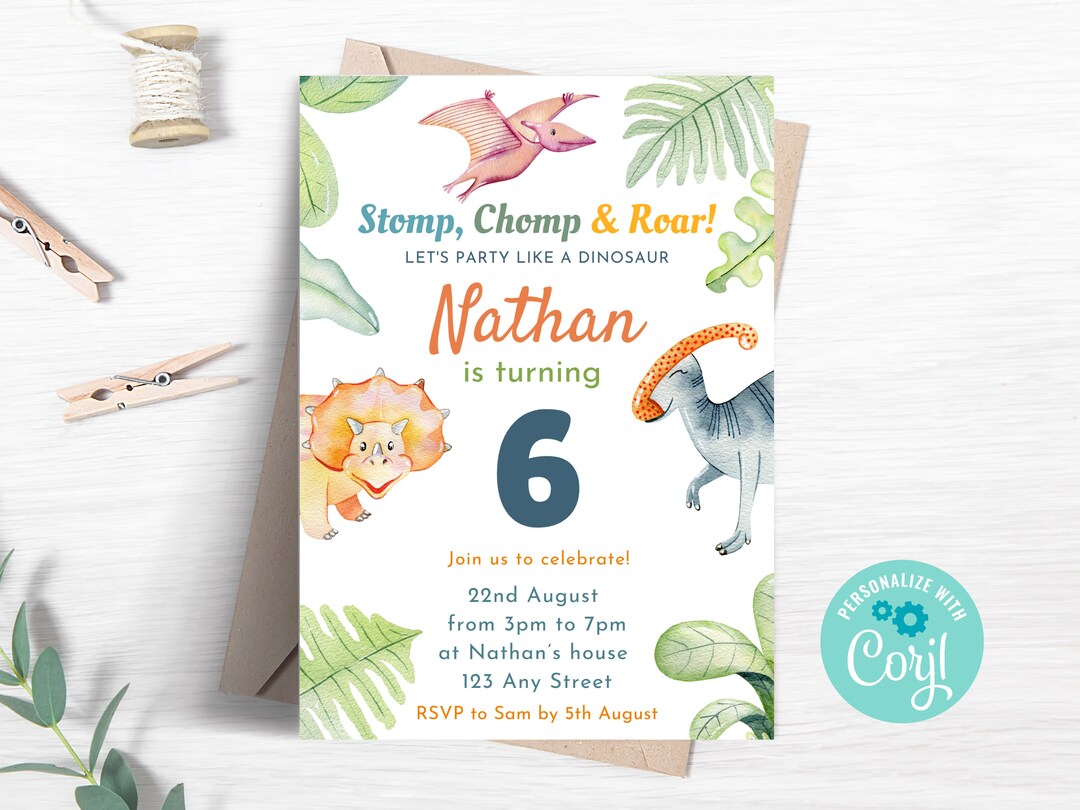 Dinosaur 6th Birthday Invitation, Dinosaur Party Invite, Dinosaur ...