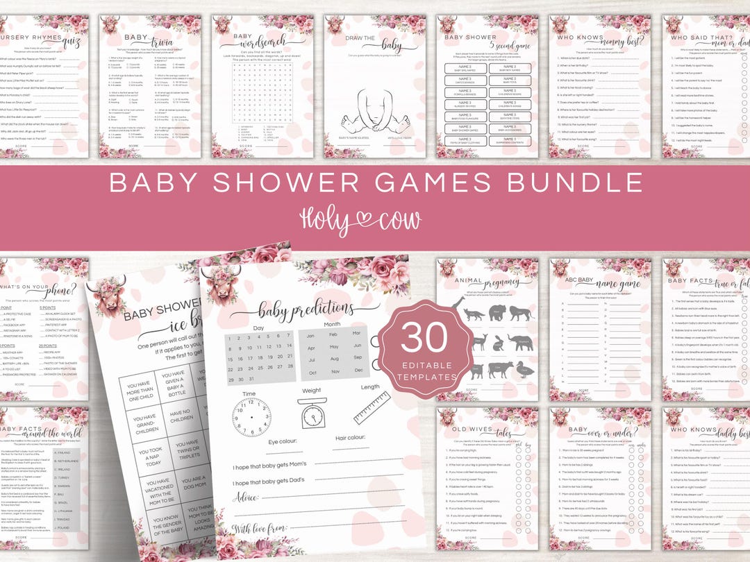 Highland Cow Baby Shower Games, Holy Cow Game Bundle, Editable Pink ...