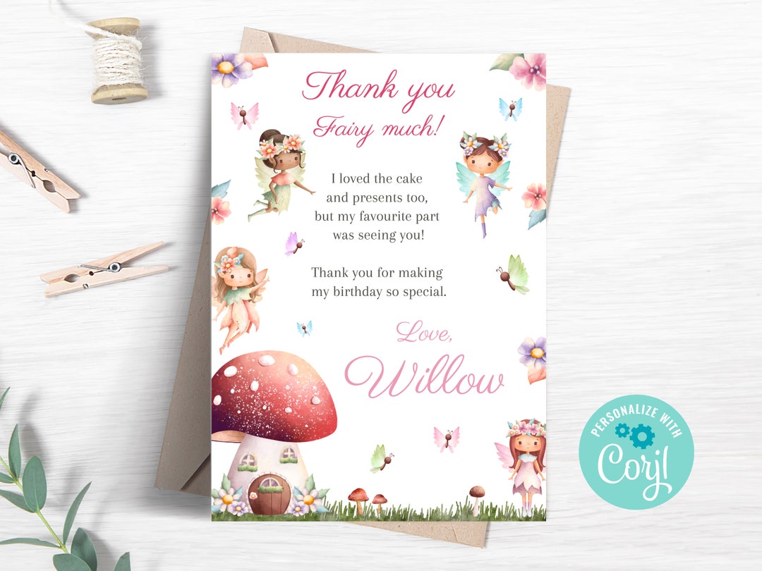 Editable Fairy Thank You Card, Fairy Birthday Party Thanks Note ...