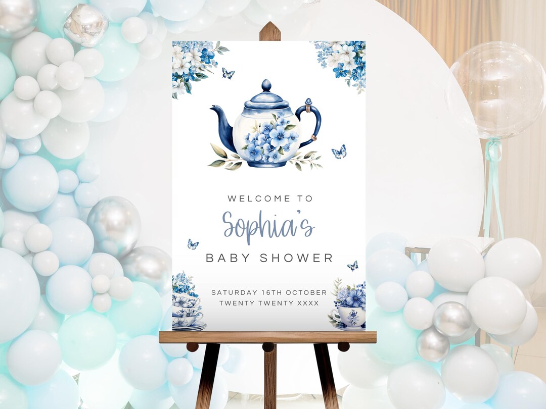 Welcome Sign, Editable Afternoon Tea Baby Shower Sign, Blue Tea Party ...