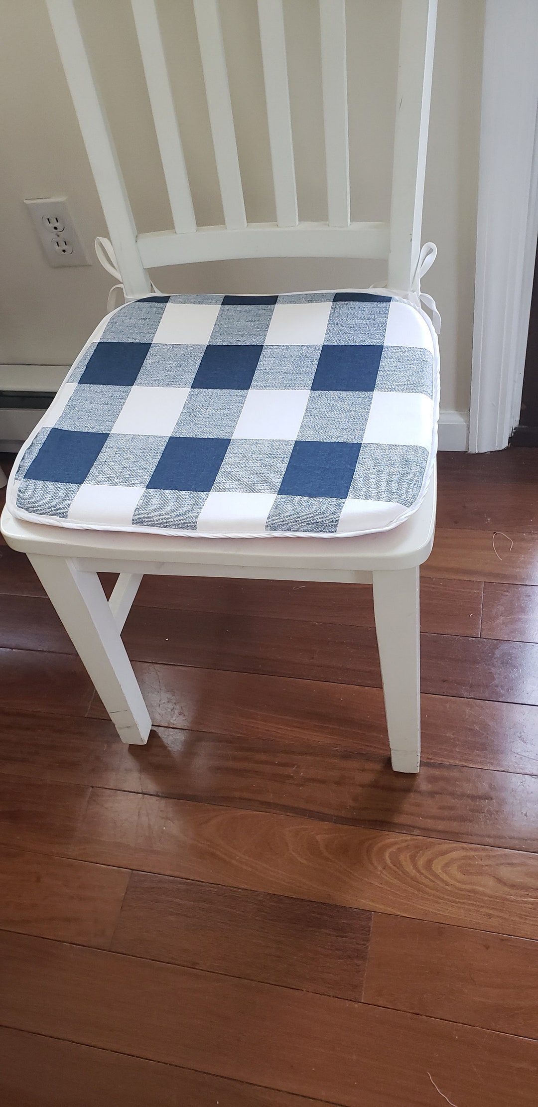 Set of 4 Denim Blue and White Buffalo Check Chair Pads Flat Chair Pads ...