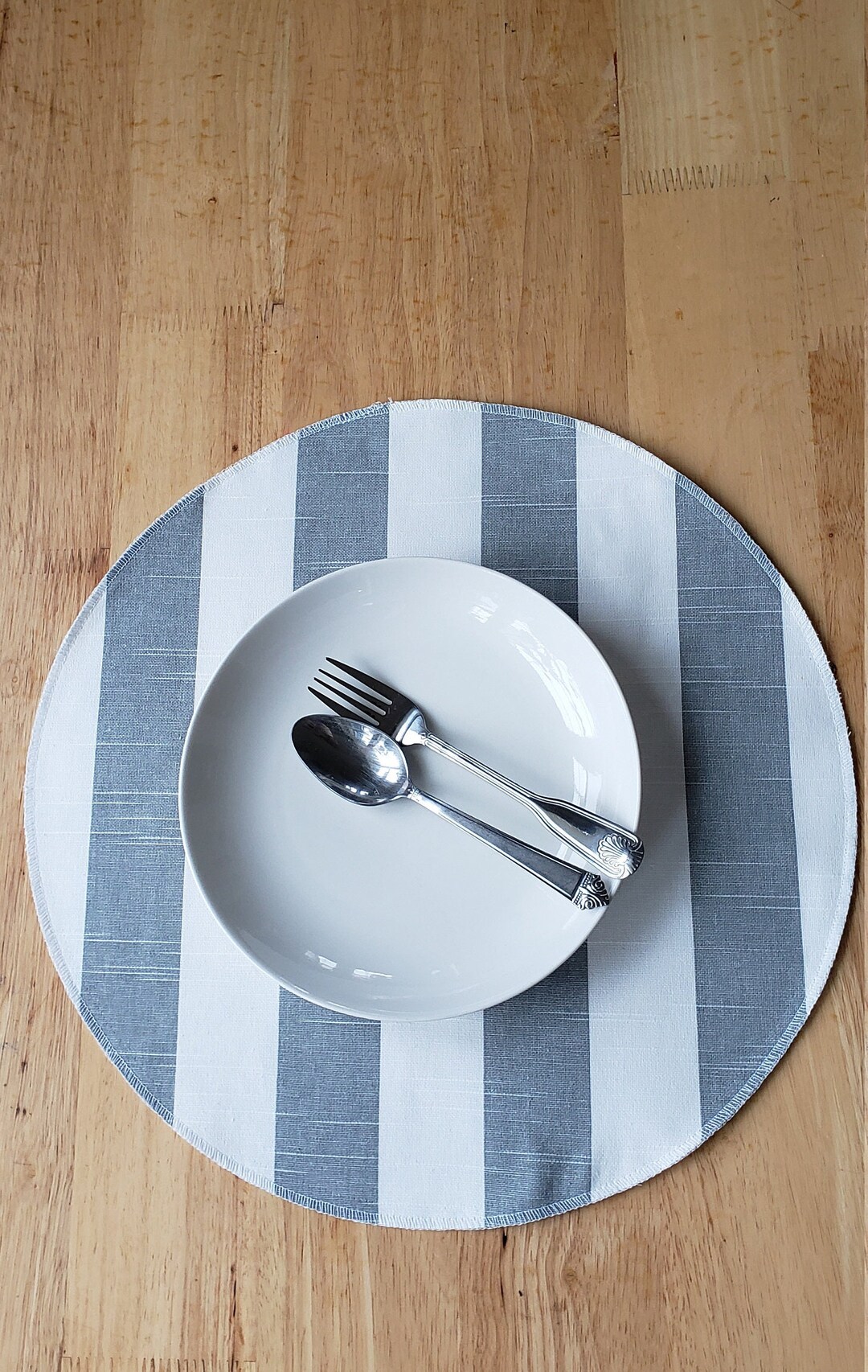 Grey and White Striped, Round Fabric Placemat Handmade Artisan Place ...