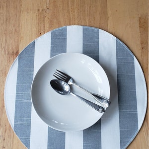 Grey and White Striped, Round Fabric Placemat Handmade Artisan Place ...
