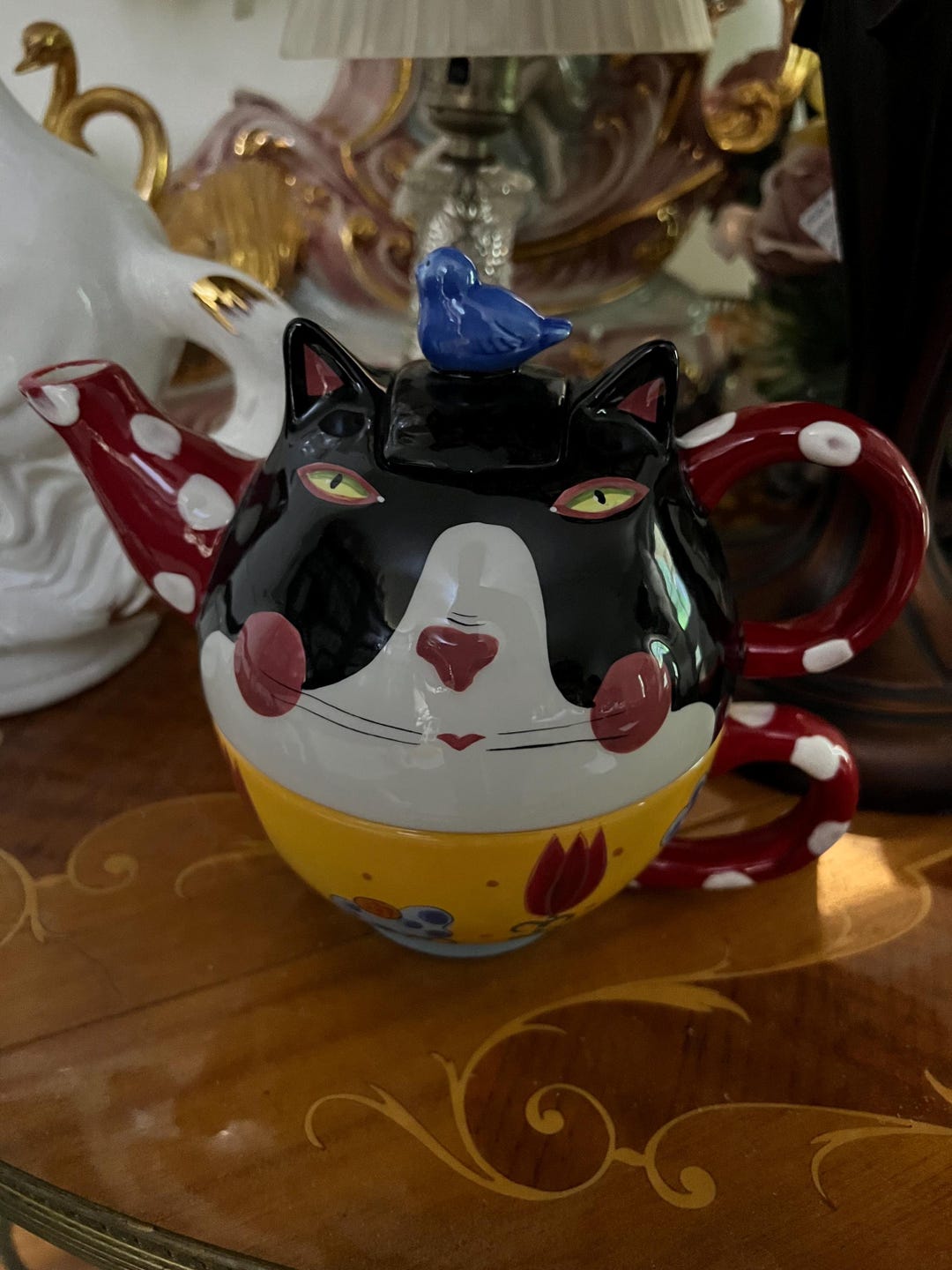 Vtg Shanton Bloom Black Cat Bird Floral Ceramic Design Teapot Teacup ...