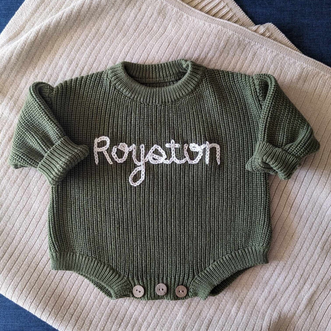 Personalized Hand-embroidered Knit Baby Romper Sweater | Baby Coming ...