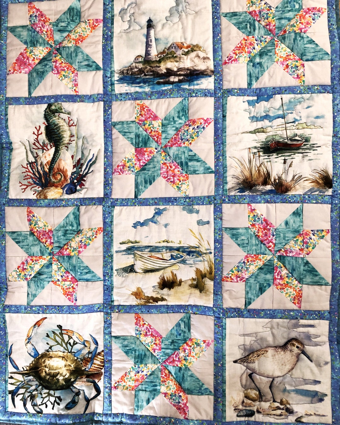 Seashore Lap Quilt Watercolor Seaside Themed Scenes and Pieced Star ...