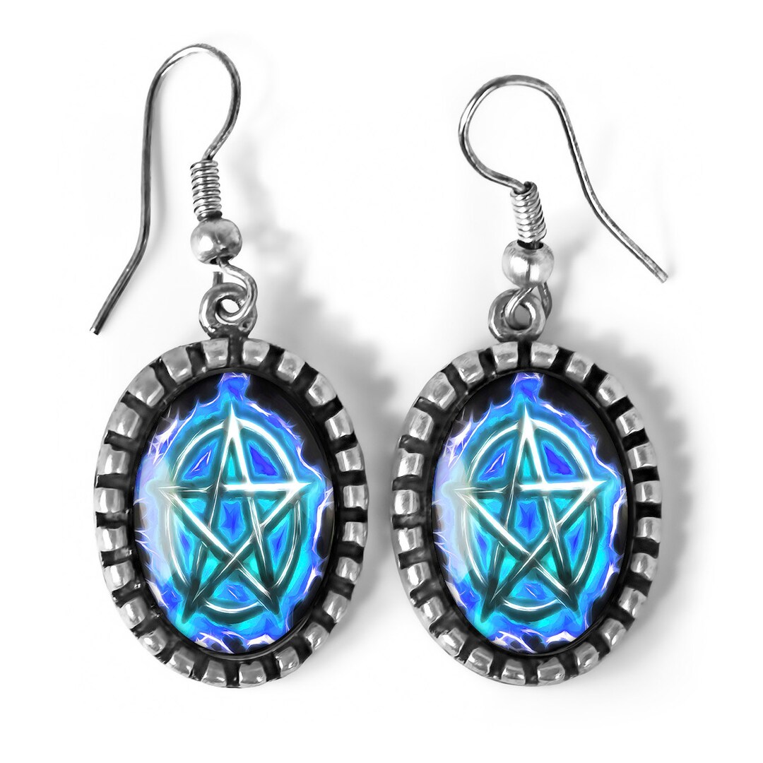 Blue Flaming Gothic Pentagrams Oval Antique Silver Glass Dangle Horror ...