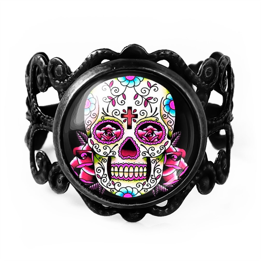 Day of the Dead Ring - Pink Sugar Skull Halloween Adjustable Filigree ...