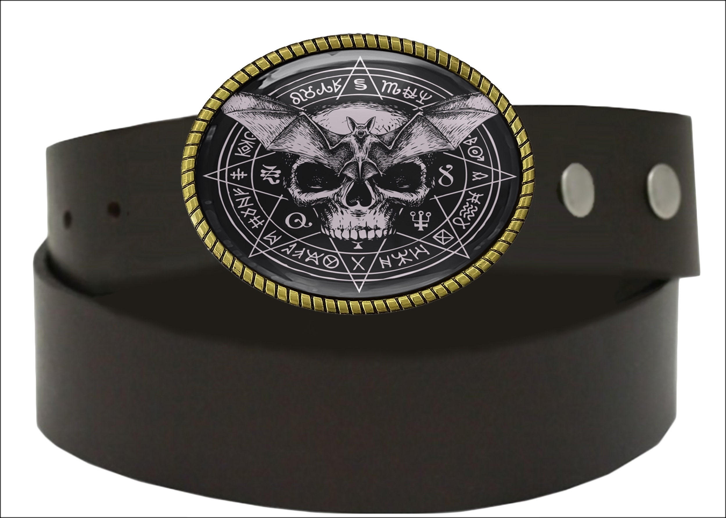 Occult Bat Belt Buckle - Gothic Witchcraft Skull Silver or Gold Buckle ...