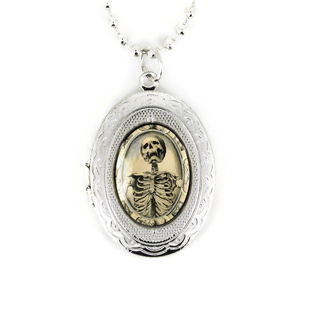 Silver Gothic Victorian Memento Mori Skeleton Glass Keepsake Locket ...