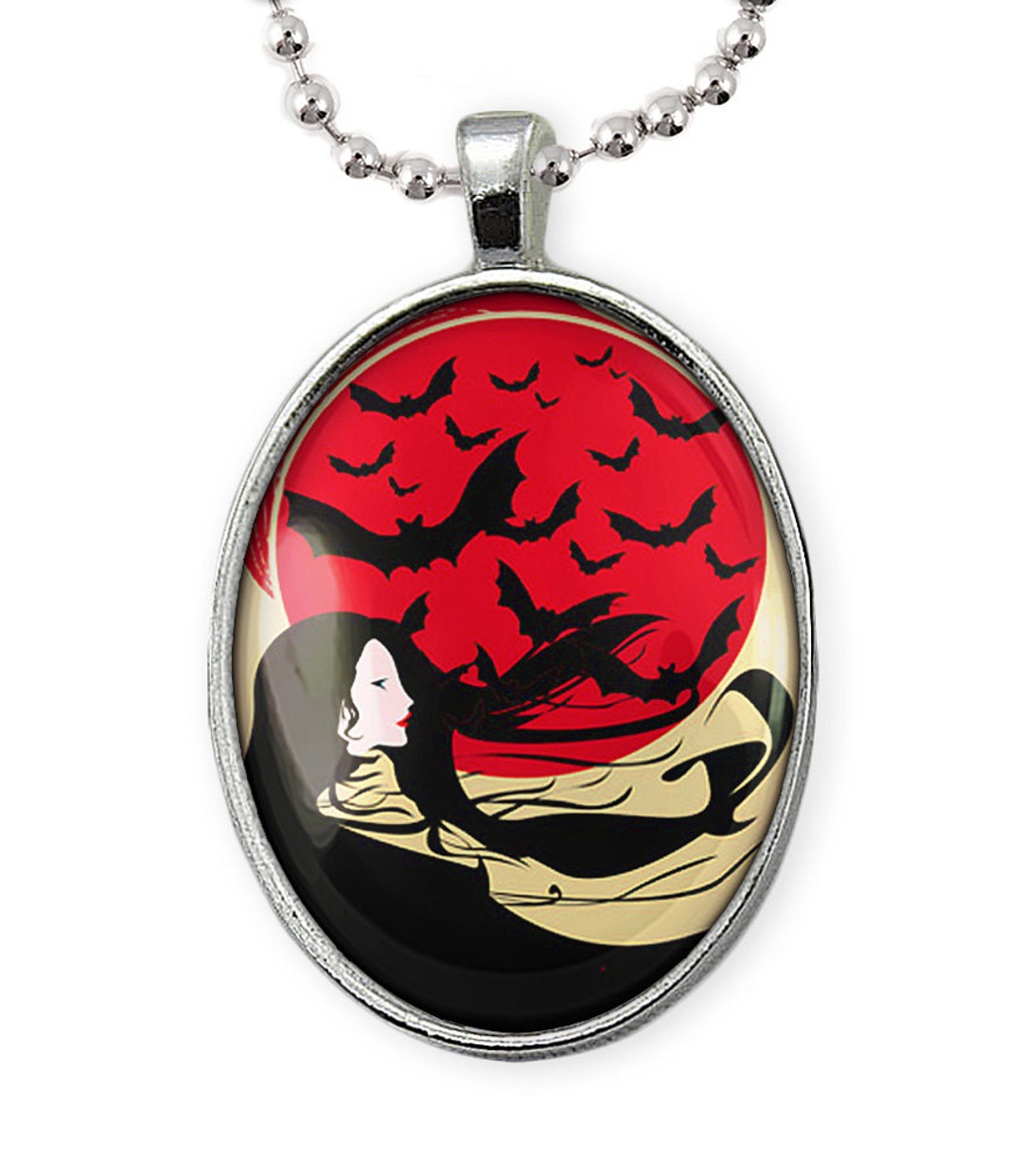 Shiny Silver Gothic Art Nouveau Japanese Woman Oval Horror Pendant ...