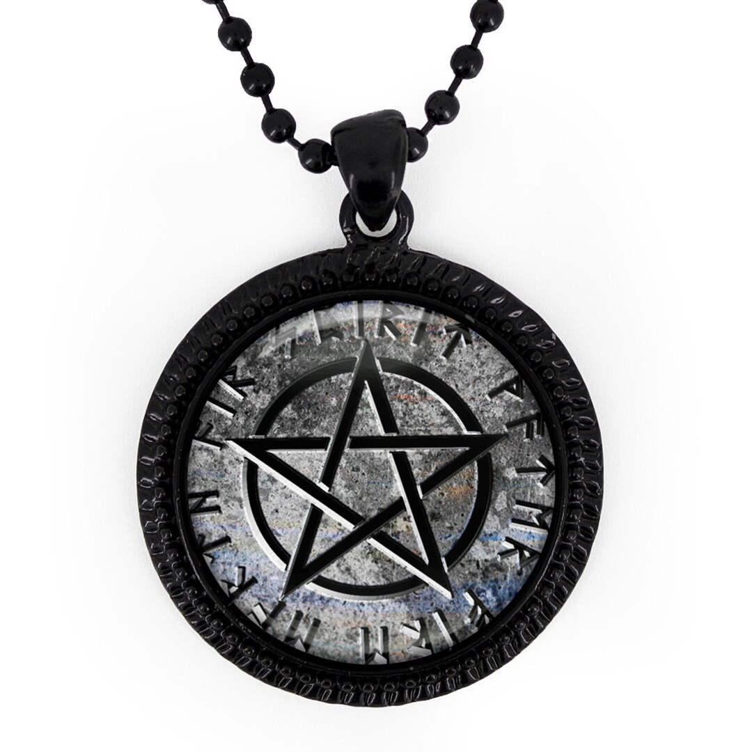 Jet Black Gothic Cryptic Stone Pentagram Glass Pendant Necklace 161 ...